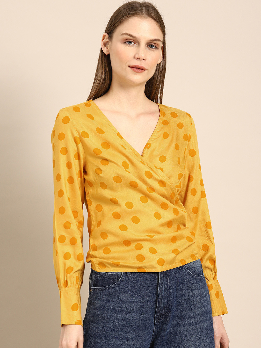 Buy Ether Women Mustard Yellow Printed Wrap Top - Tops for Women ...