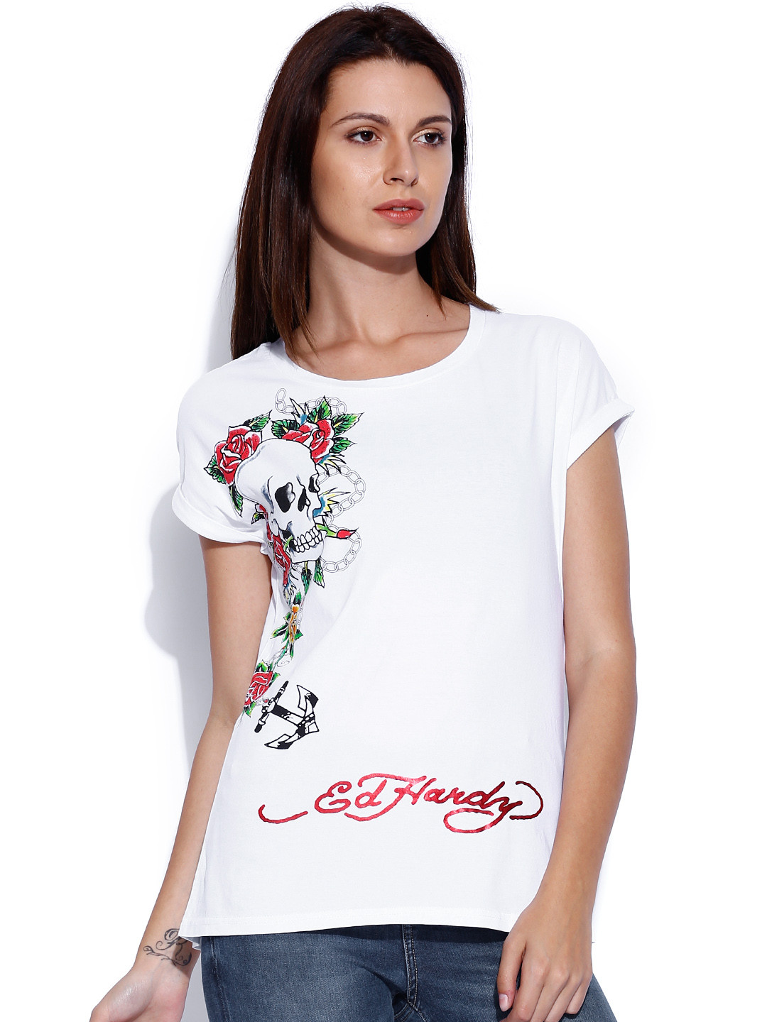 Buy Ed Hardy White Printed Pure Cotton T Shirt - Tshirts for Women ...