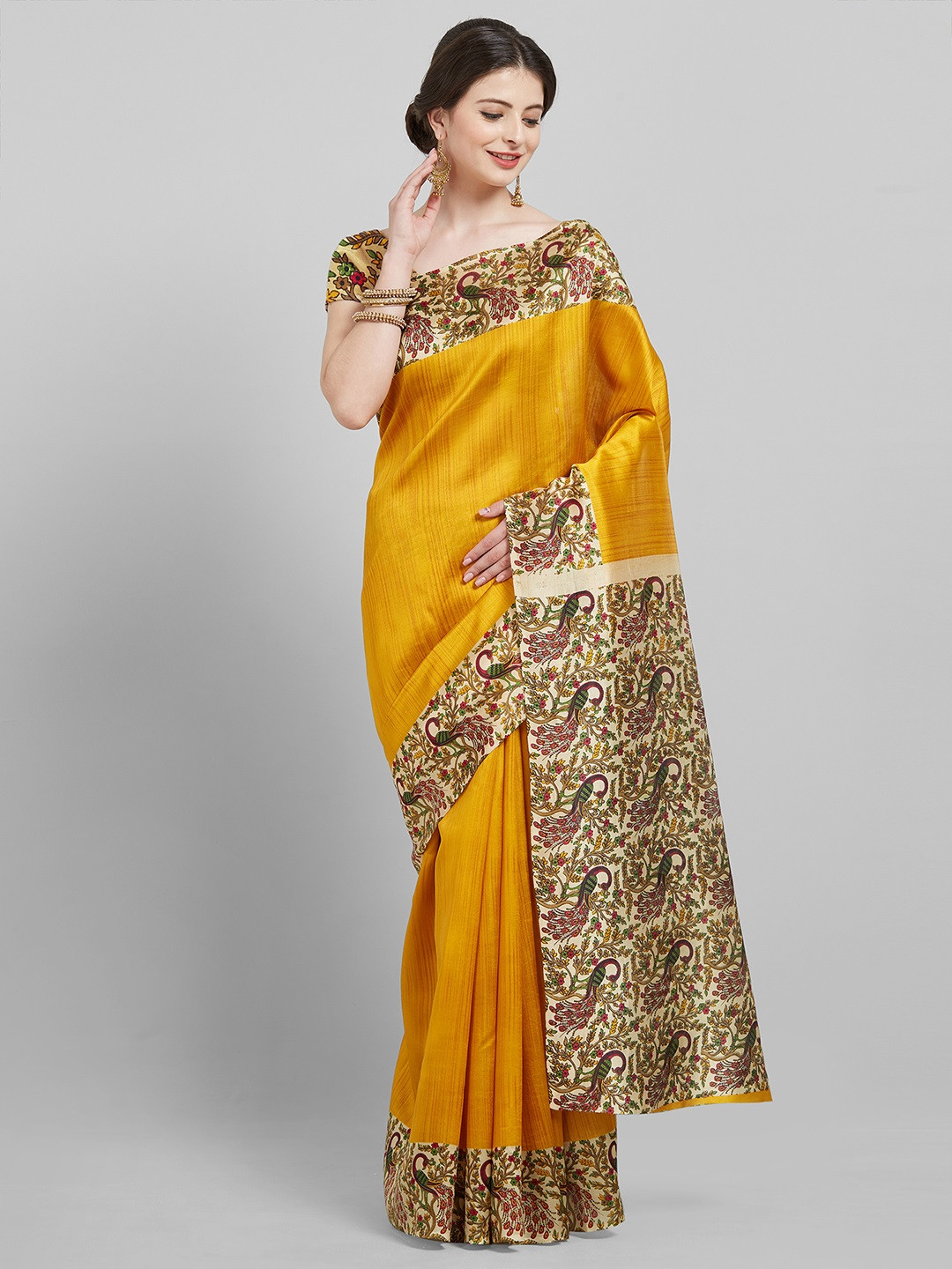 Buy Saree Mall Mustard Yellow Printed Art Silk Saree - Sarees for Women ...