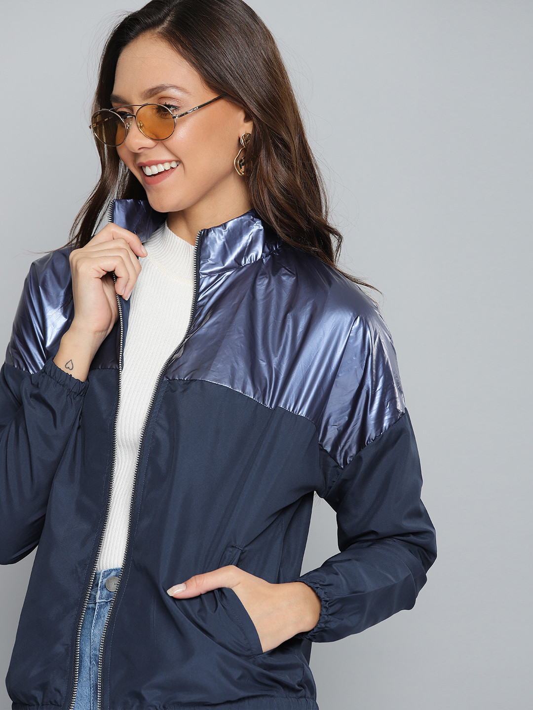 Buy Mast & Harbour Women Blue Light Weight Colourblocked Jacket ...