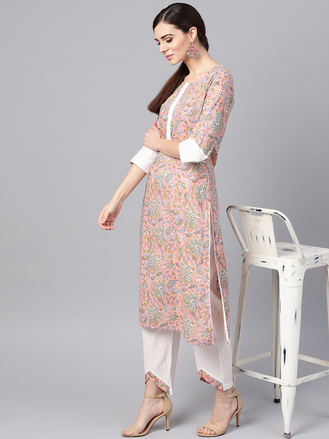 Buy Idalia Women Peach Coloured & White Printed Kurta With Trousers ...