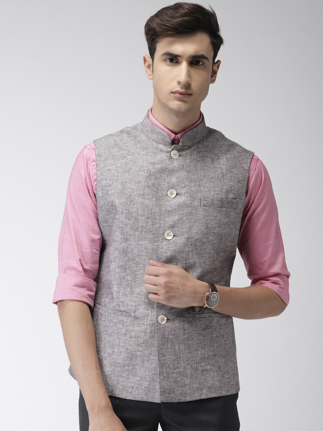 Buy Ethnix By Raymond Men Grey Self Designed Linen Nehru Jacket - Nehru ...