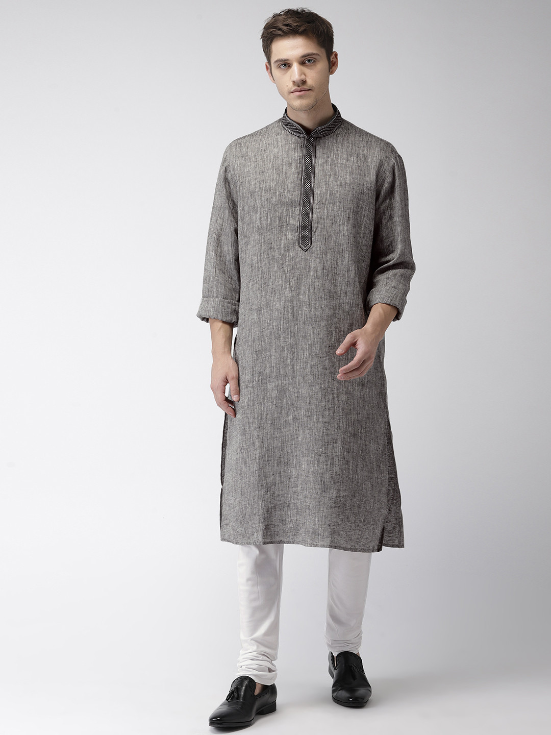 Buy Ethnix By Raymond Men Grey & White Self Design Kurta With Churidar ...