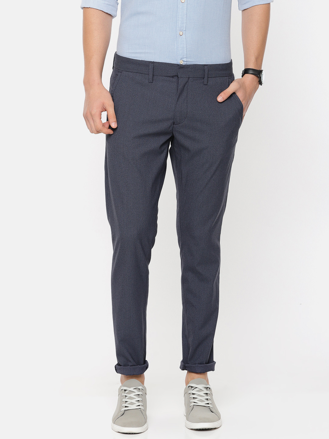 Buy SELECTED Men Navy Blue Skinny Fit Solid Formal Trousers - Trousers ...