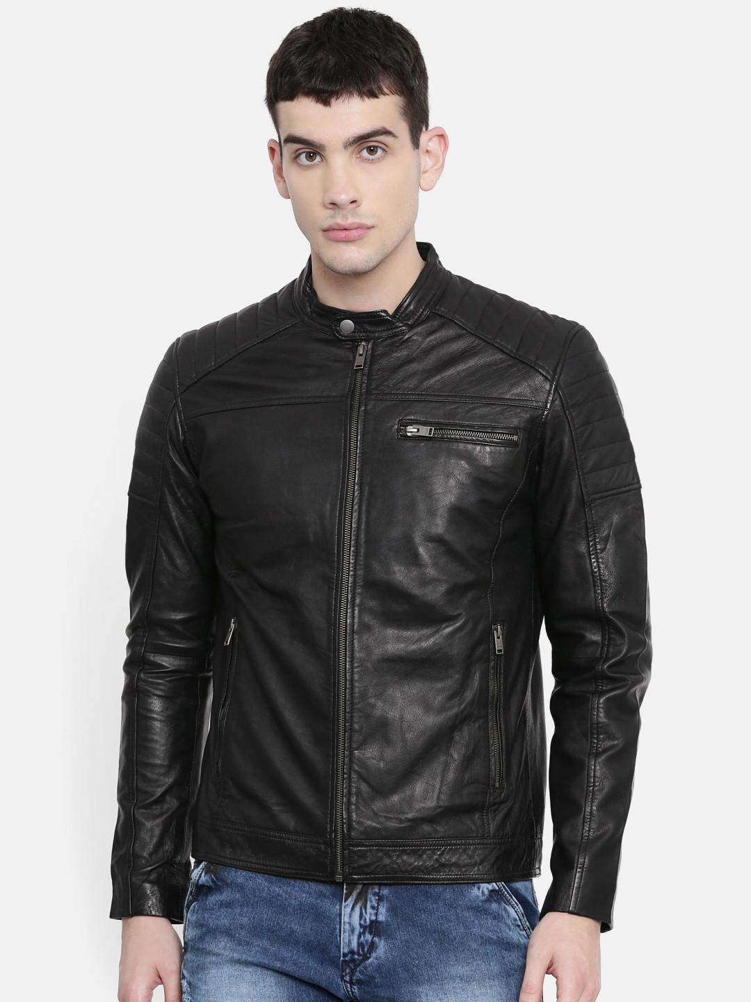 Buy SELECTED Men Black Solid Leather Jacket - Jackets for Men 9721373 ...