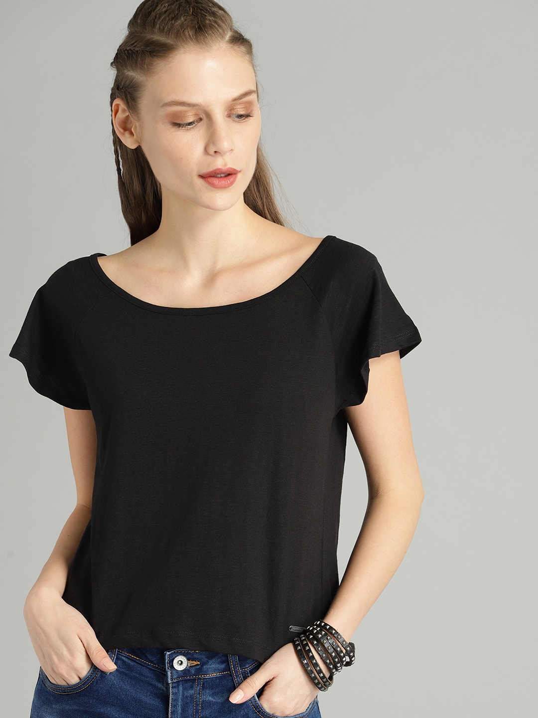 Buy The Roadster Lifestyle Co Women Black Solid Round Neck Pure Cotton