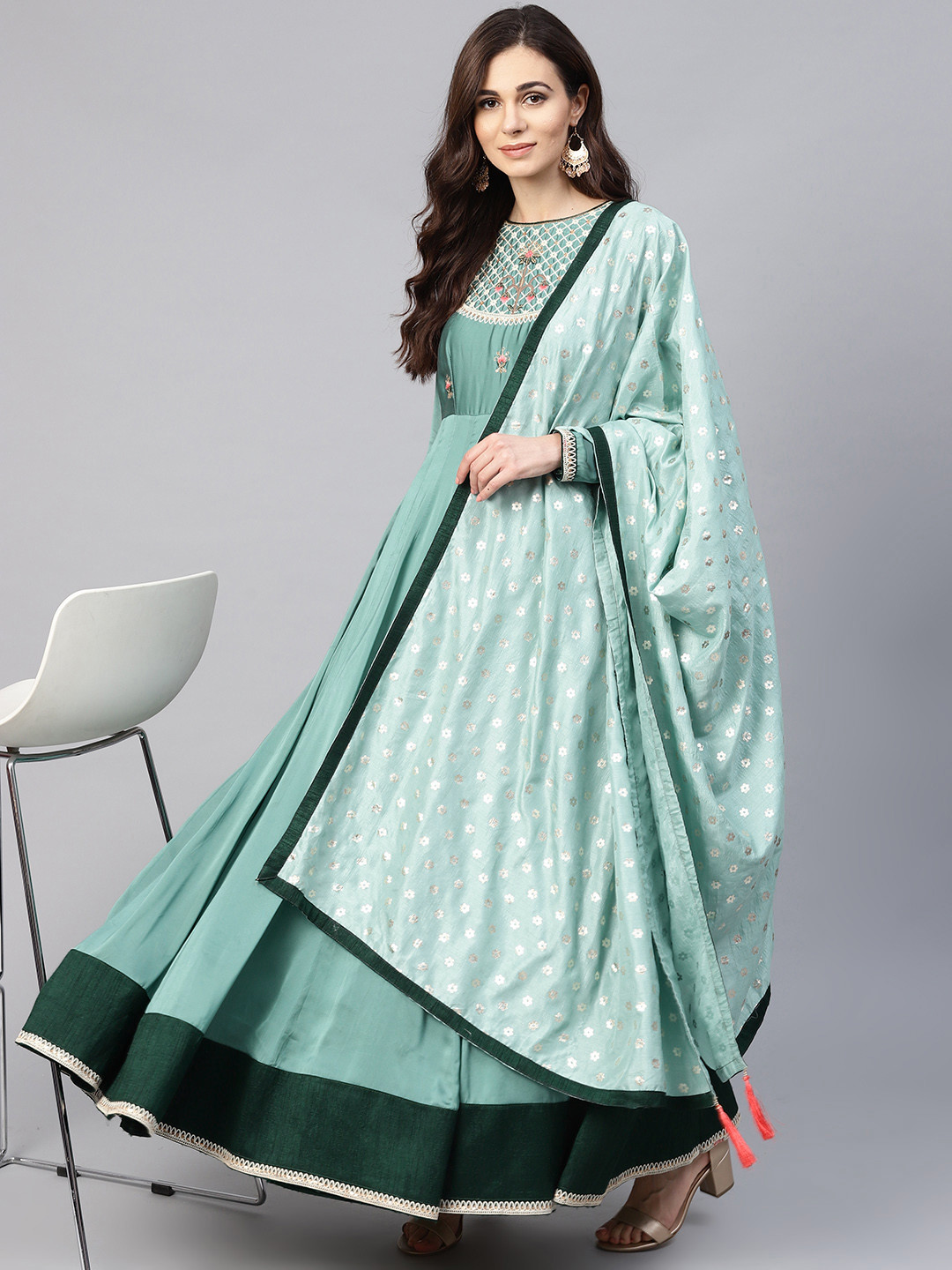Buy Inddus Women Green Yoke Design Anarkali Kurta With Dupttta - Kurtas ...