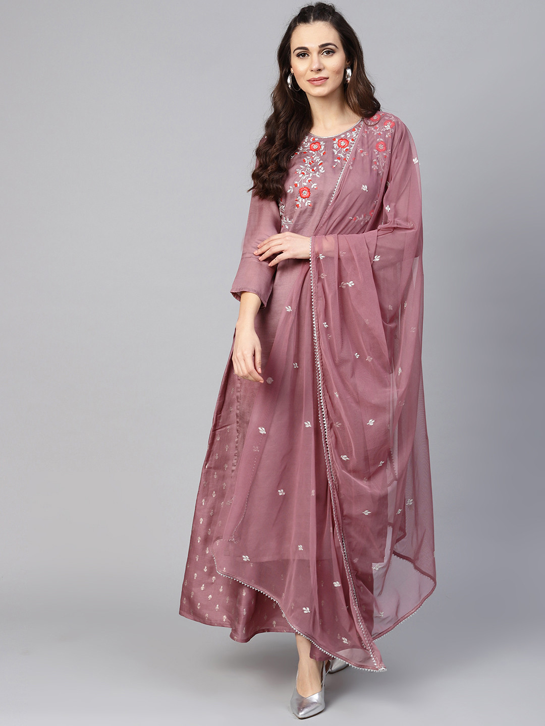 Buy Inddus Women Lavender & Golden Yoke Design Kurta With Palazzos ...