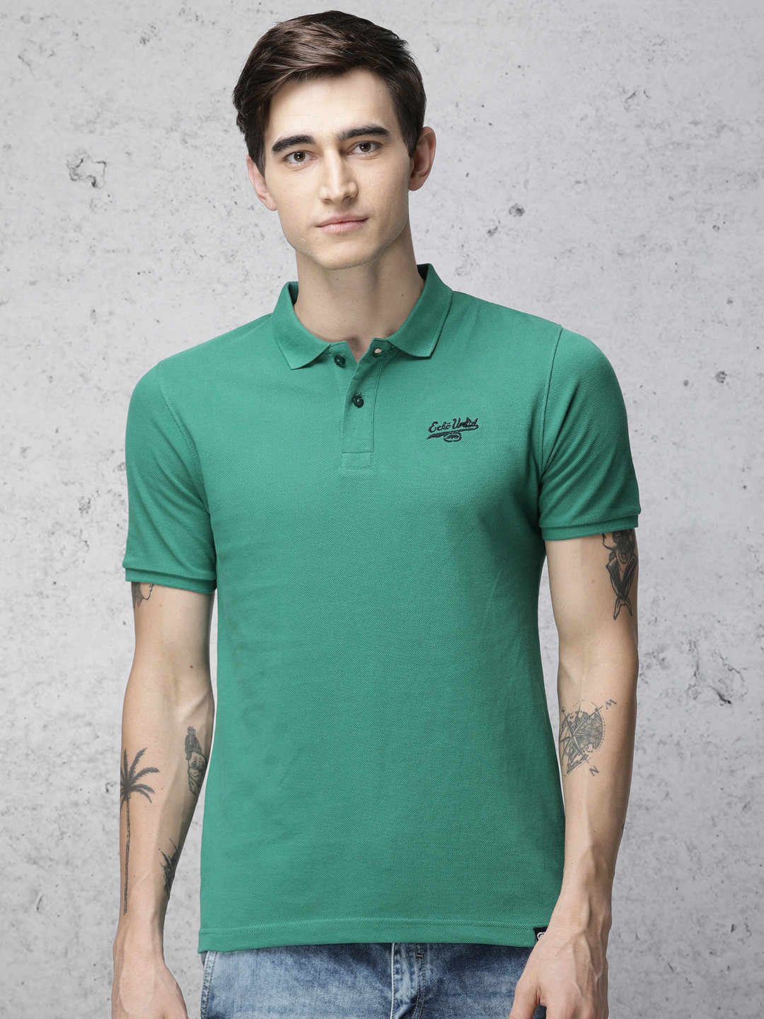 Buy Ecko Unltd Men Green Solid Polo Collar Pure Cotton T Shirt ...