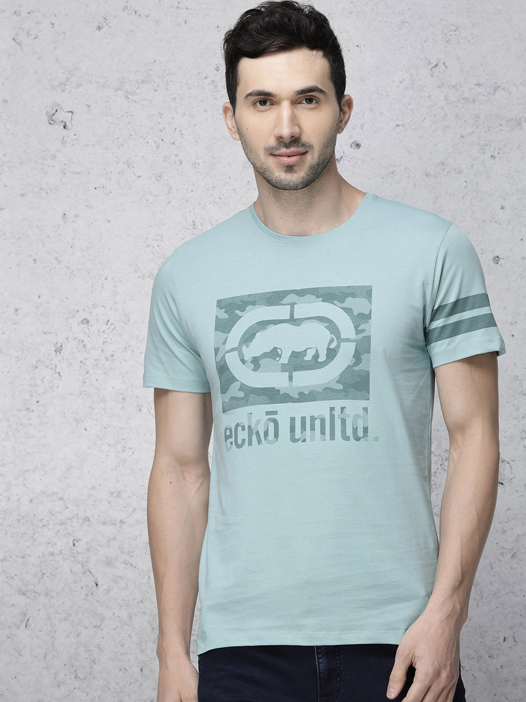 Buy Ecko Unltd Men Blue Printed Round Neck Pure Cotton T Shirt ...