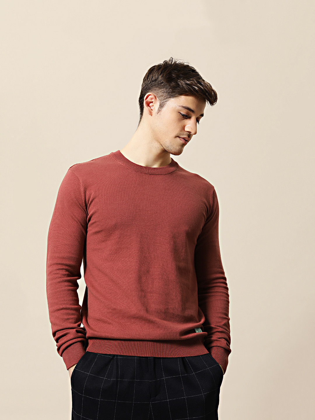 Buy Mr Bowerbird Men Rust Red Solid Tailored Fit Pullover Sweater ...