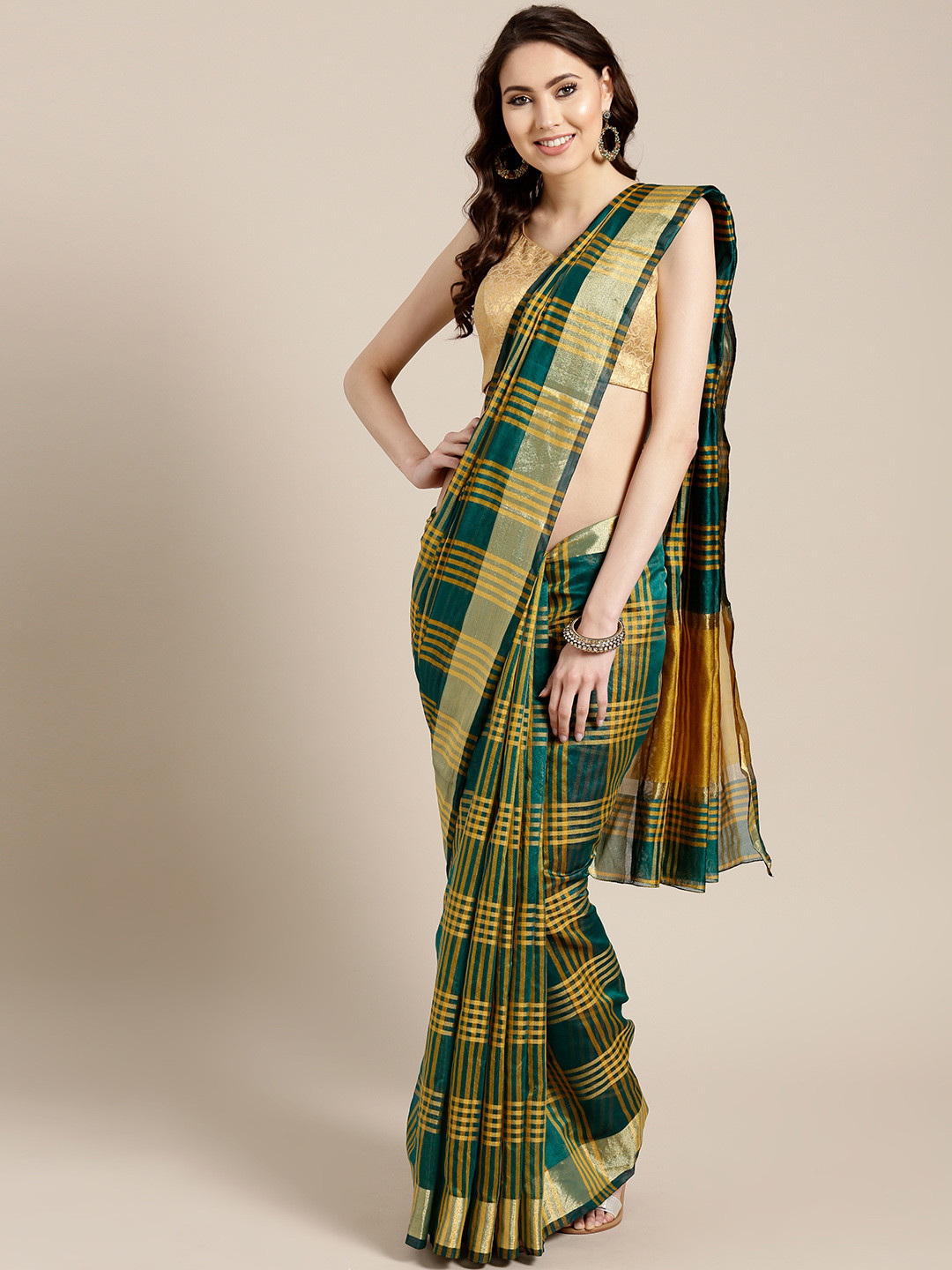 Buy Chhabra 555 Green & Yellow Checked Saree - Sarees for Women 9781611 ...