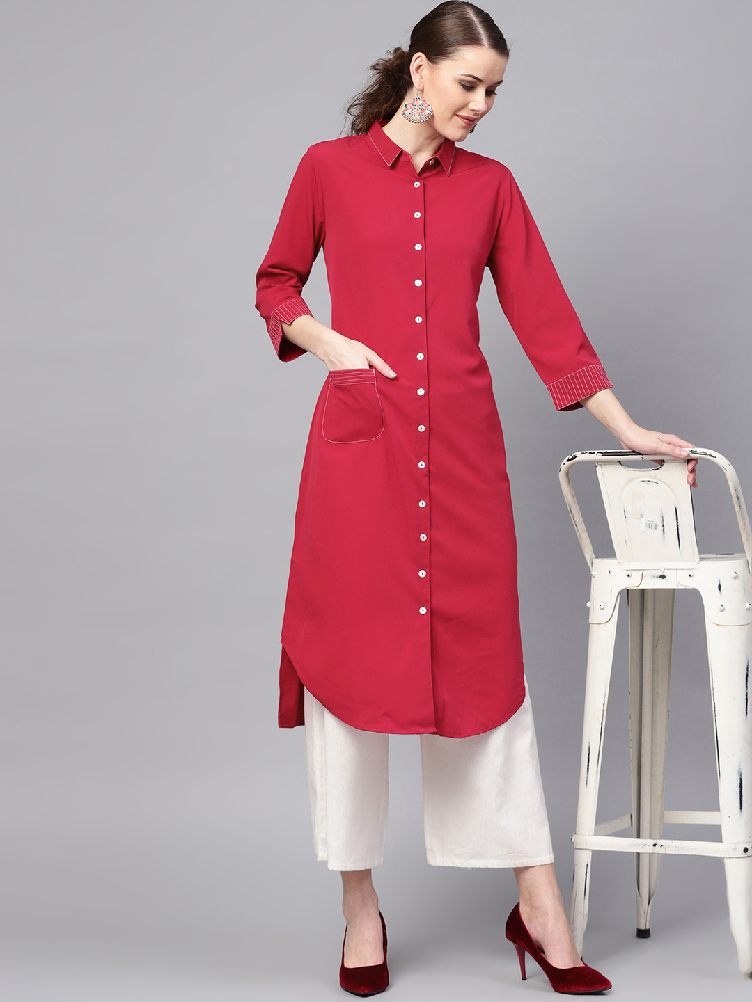 Buy RARE ROOTS Women Maroon Solid A Line Kurta - Kurtas for Women ...