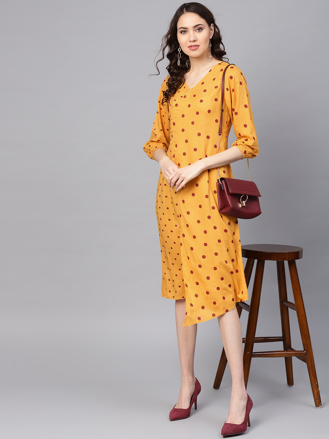 Buy RARE ROOTS Women Yellow Printed Wrap Dress - Dresses for Women ...