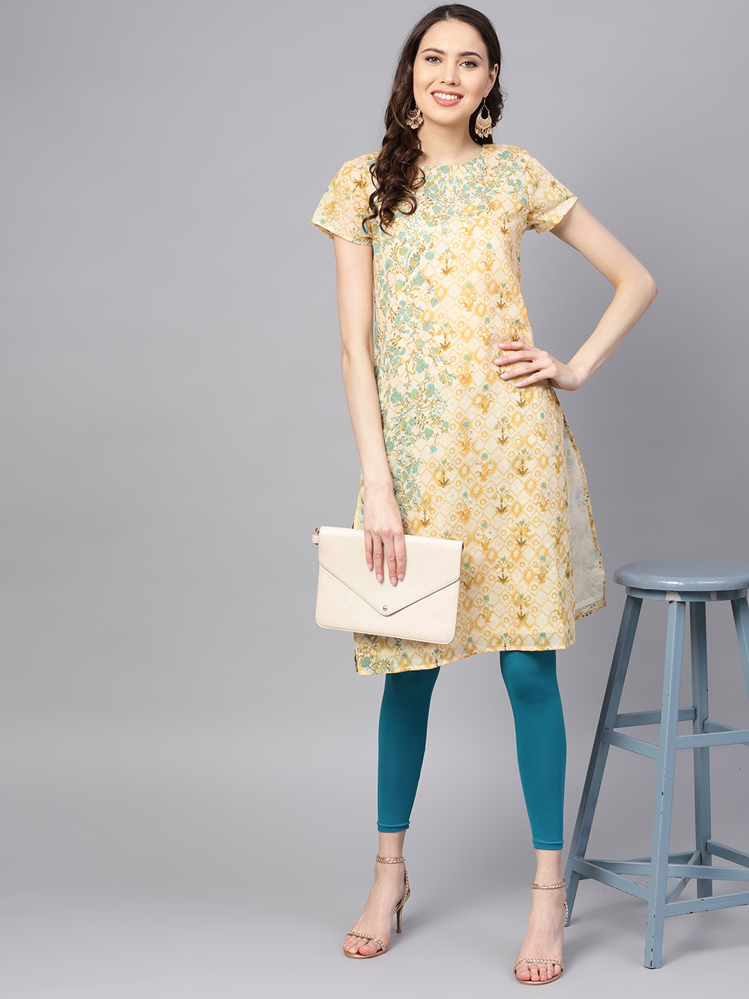 Buy RARE ROOTS Women Yellow & Blue Printed A Line Kurta - Kurtas for ...