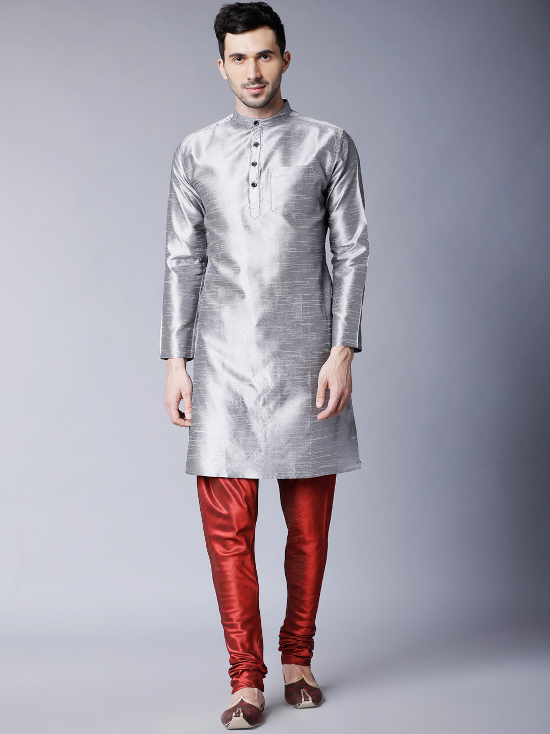 Buy Svanik Men Grey & Red Solid Kurta With Pyjamas - Kurta Sets for Men ...