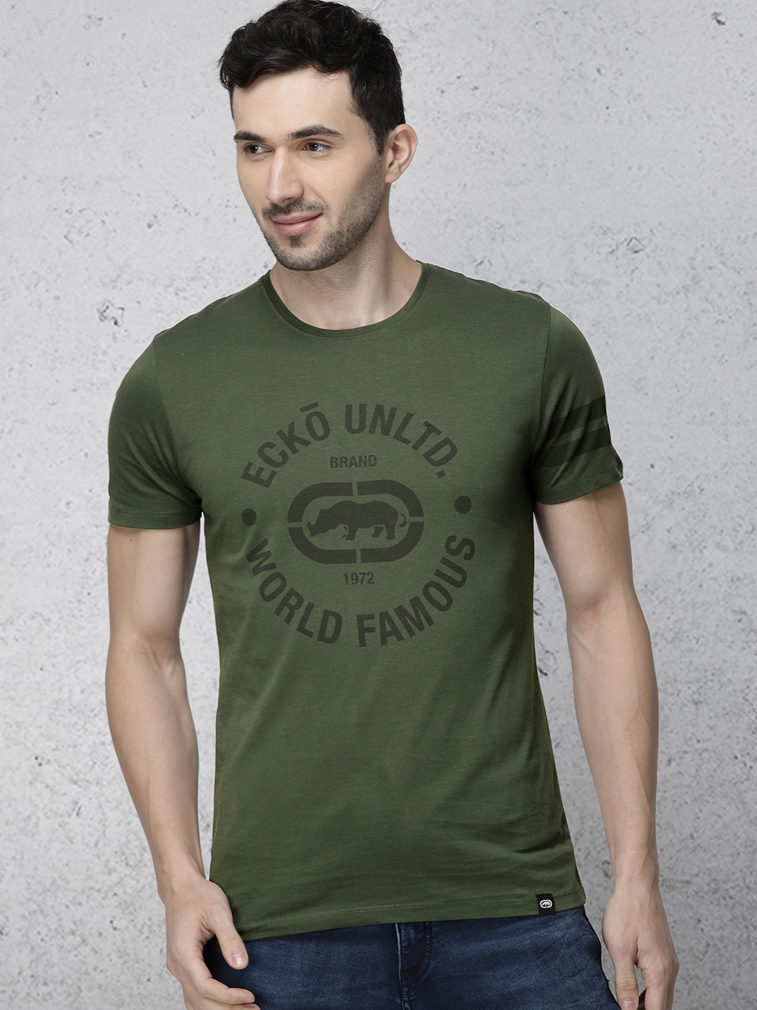 Buy Ecko Unltd Men Olive Green Printed Round Neck Pure Cotton T Shirt ...