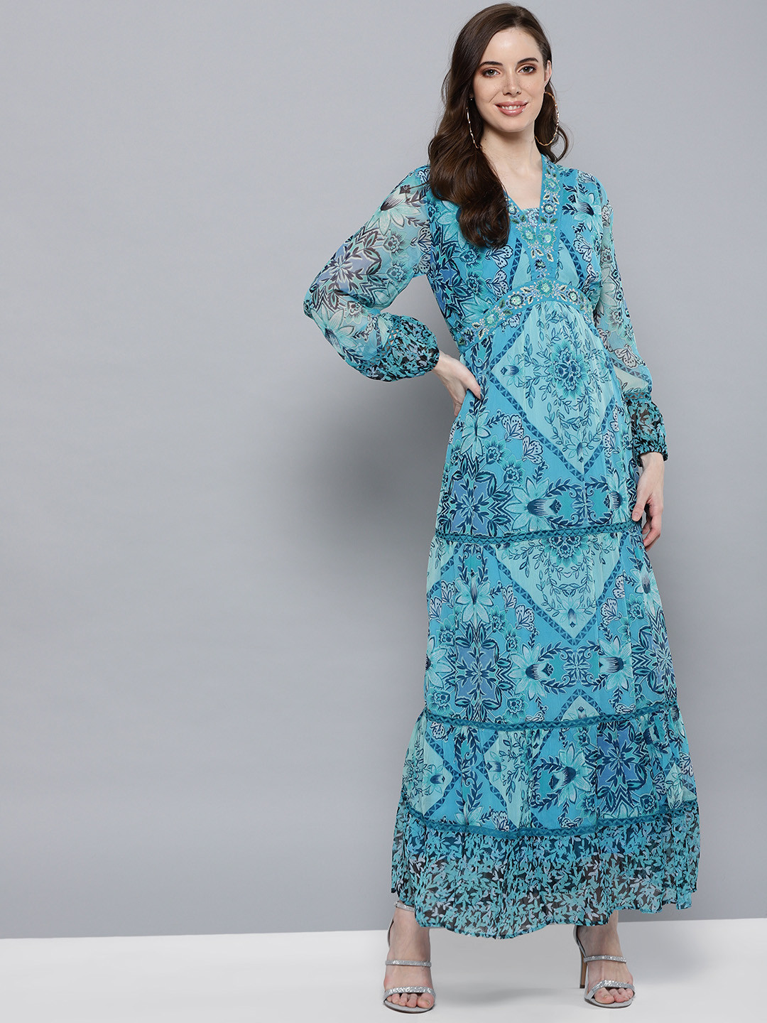 Buy Label Ritu Kumar Women Blue Printed Maxi Dress - Dresses for Women ...