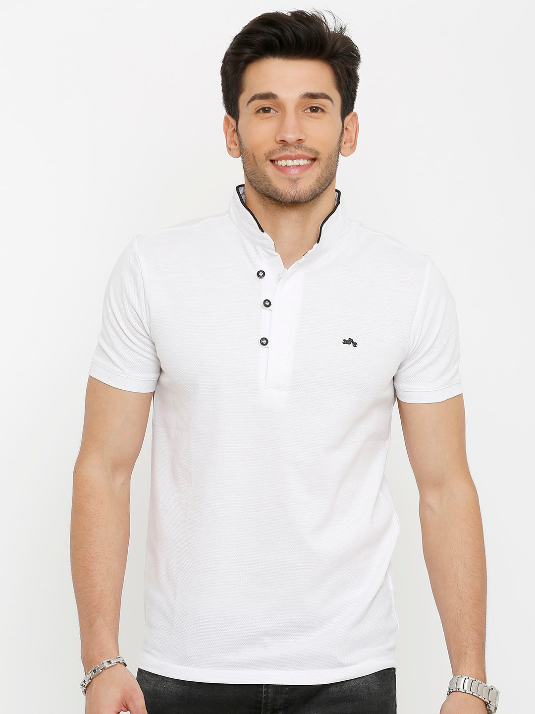 Buy Rex Straut Jeans Men White Solid Mandarin Collar T Shirt - Tshirts ...