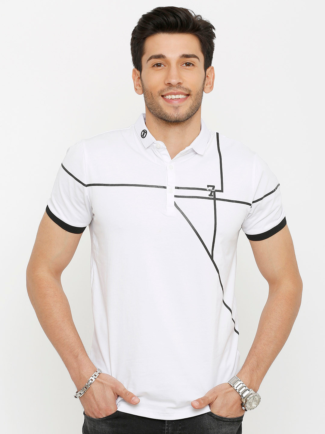 Buy Rex Straut Jeans Men White Striped Polo Collar T Shirt - Tshirts ...