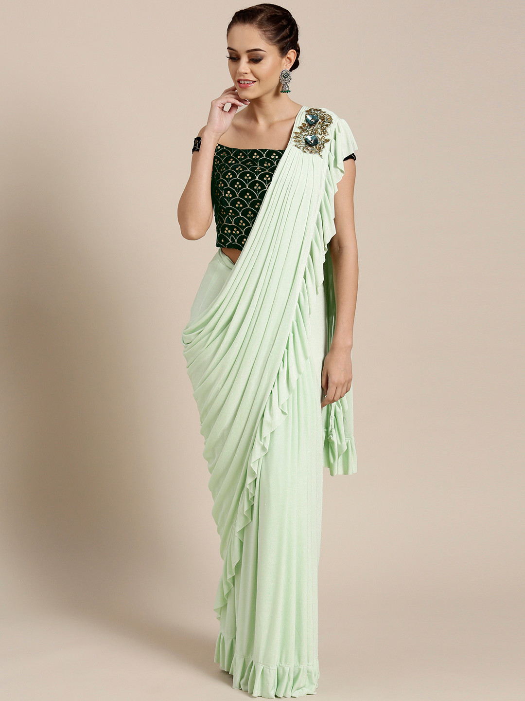 Buy Chhabra 555 Green Ruffled Ready To Wear Saree - Sarees for Women ...