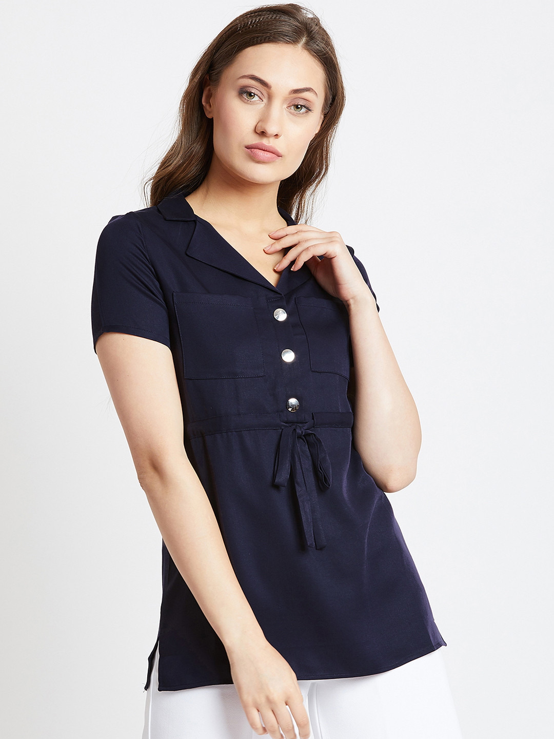 Buy COVER STORY Women Navy Blue Solid Top - Tops for Women 9863895 | Myntra