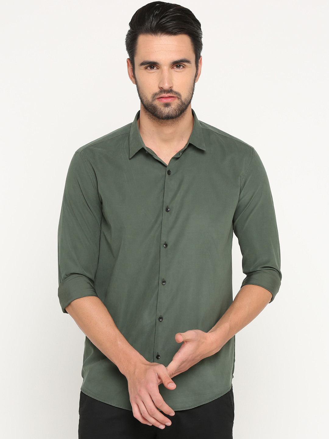 Buy SHOWOFF Men Olive Green Slim Fit Solid Casual Shirt - Shirts for ...