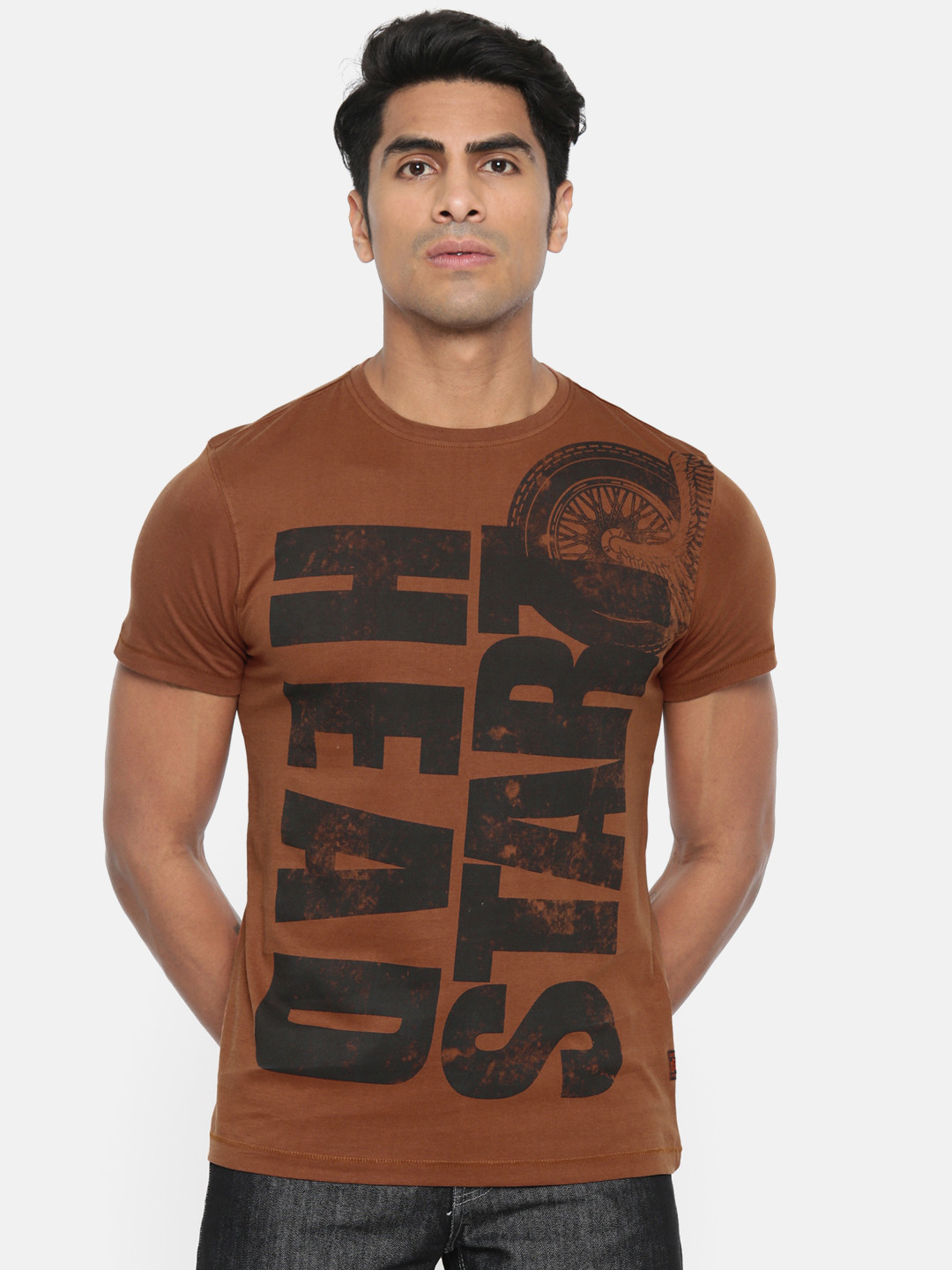 Buy People Men Rust Brown Black Printed Round Neck Pure Cotton T Shirt ...