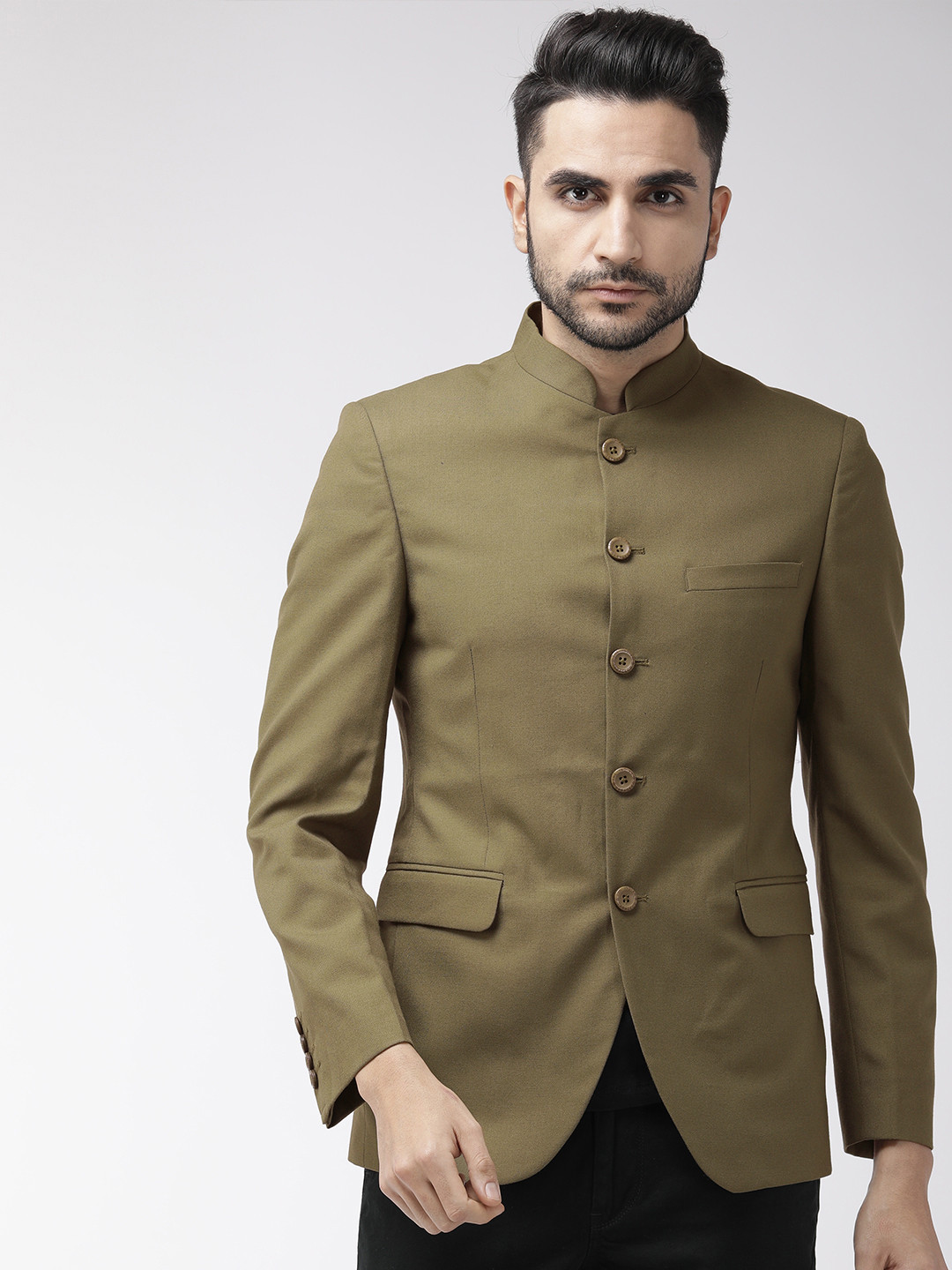 Buy The Indian Garage Co Men Olive Green Solid Bandhgala Pure Cotton ...