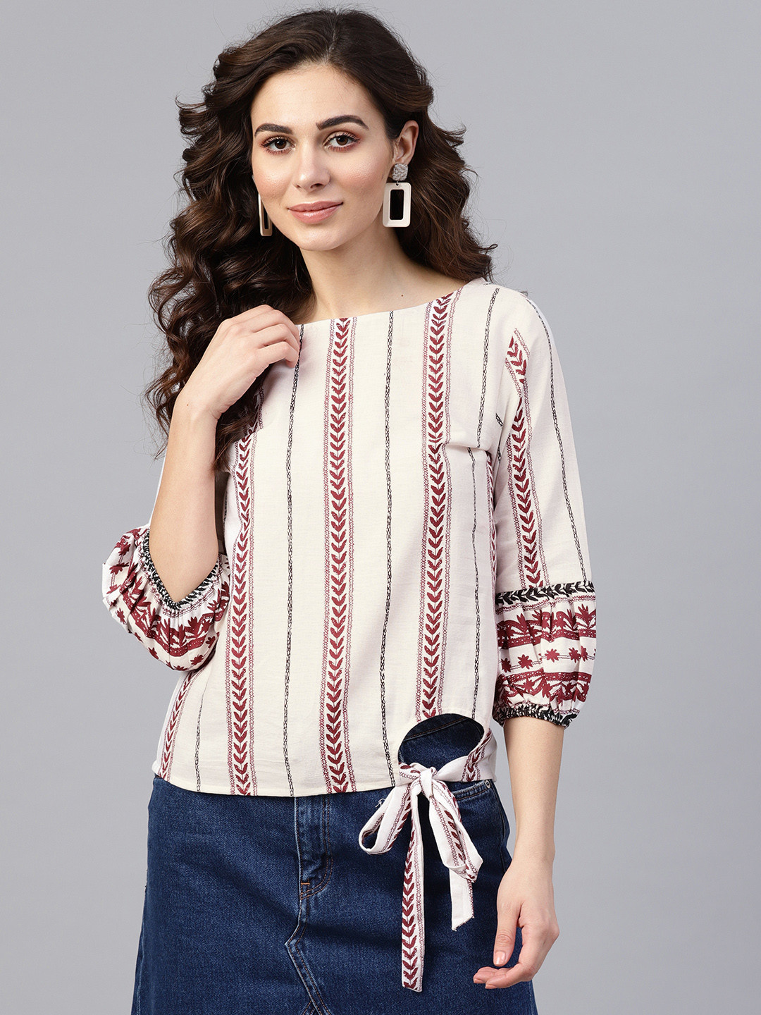 Buy Zima Leto Women Off White & Maroon Printed Top - Tops for Women ...