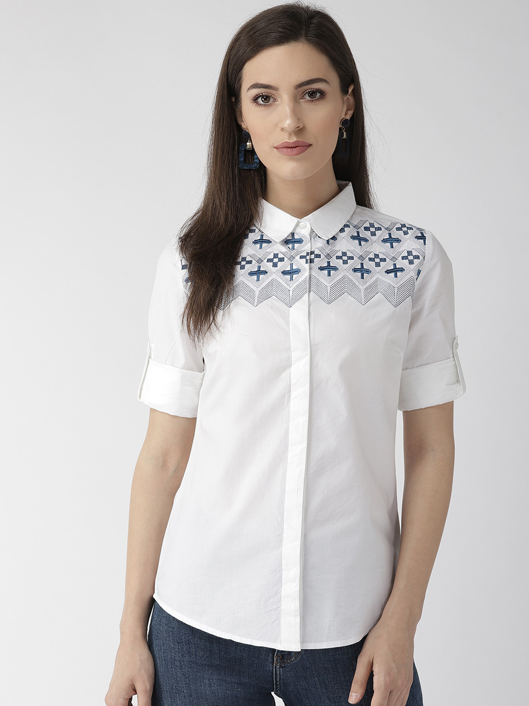 Buy Xpose Women White & Blue Comfort Fit Embroidered Detail Casual ...