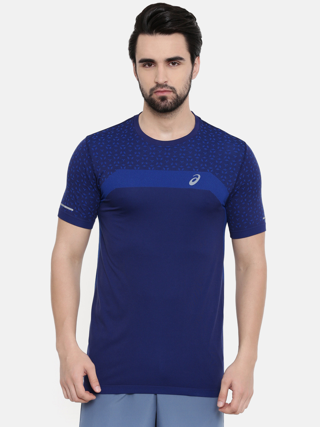 Buy ASICS Men Navy Blue Printed Round Neck Seamless Ss Texture Running ...