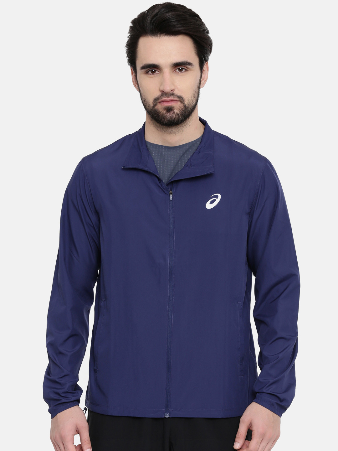 Buy ASICS Men Navy Blue Solid Lightweight Silver Sporty Running Jacket ...