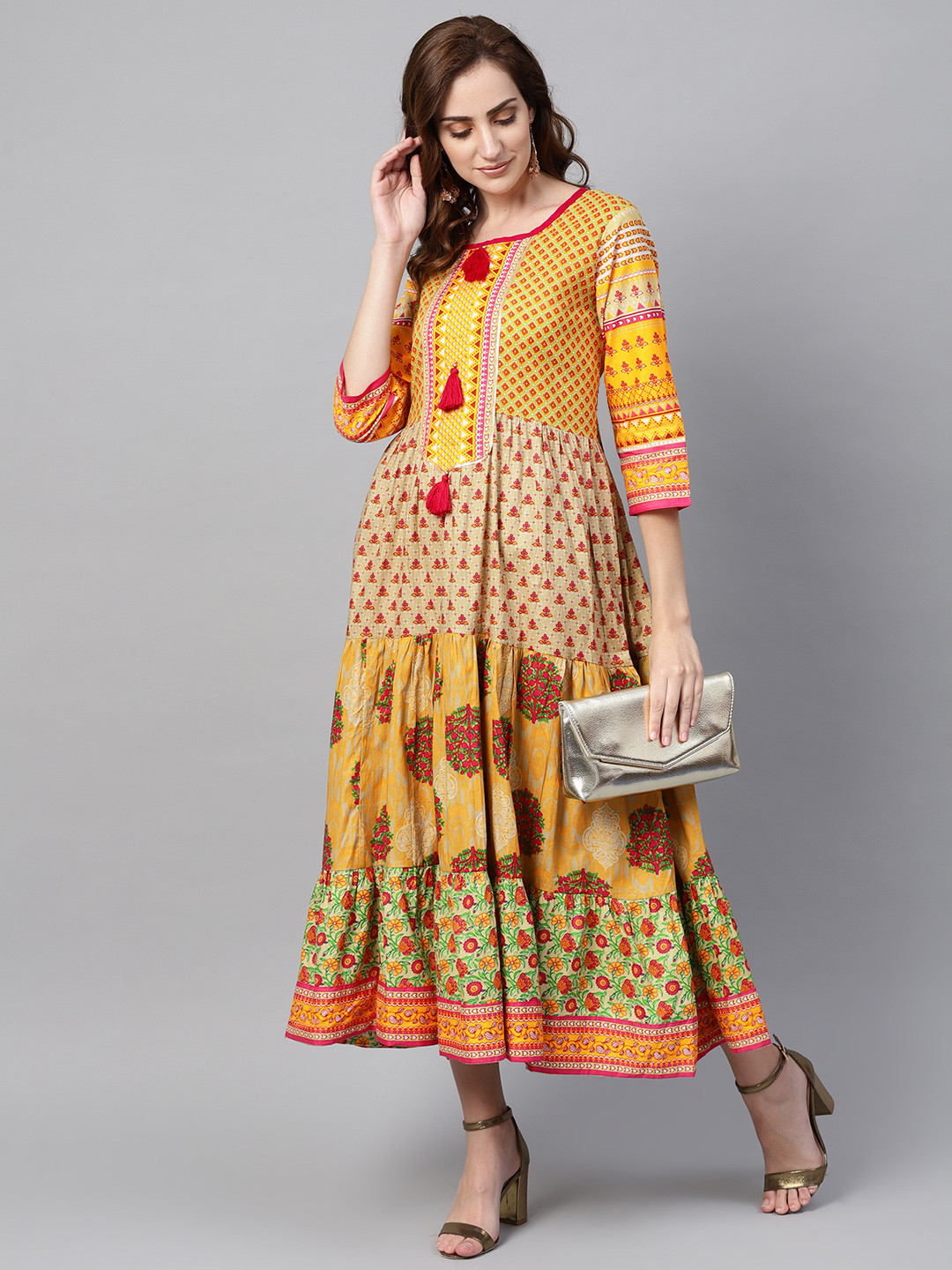 Buy Shree Women Mustard Yellow & Pink Tiered Maxi Dress - Ethnic ...