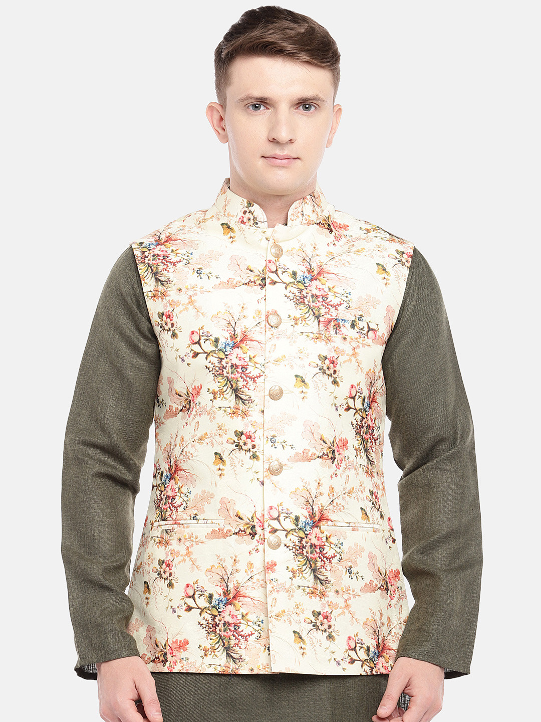 Buy Ethnicity Men Beige & Brown Printed Nehru Jacket - Nehru Jackets ...