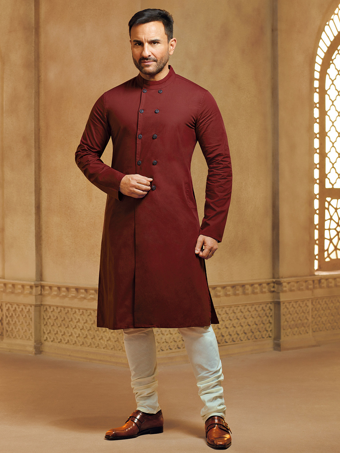 Buy House Of Pataudi Men Maroon Solid A Line Kurta - Kurtas for Men ...