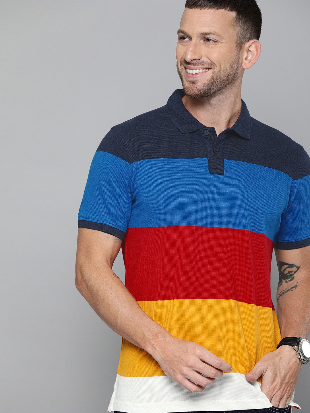 Buy Mast Harbour Men Blue Red Colourblocked Polo Collar Pure Cotton T