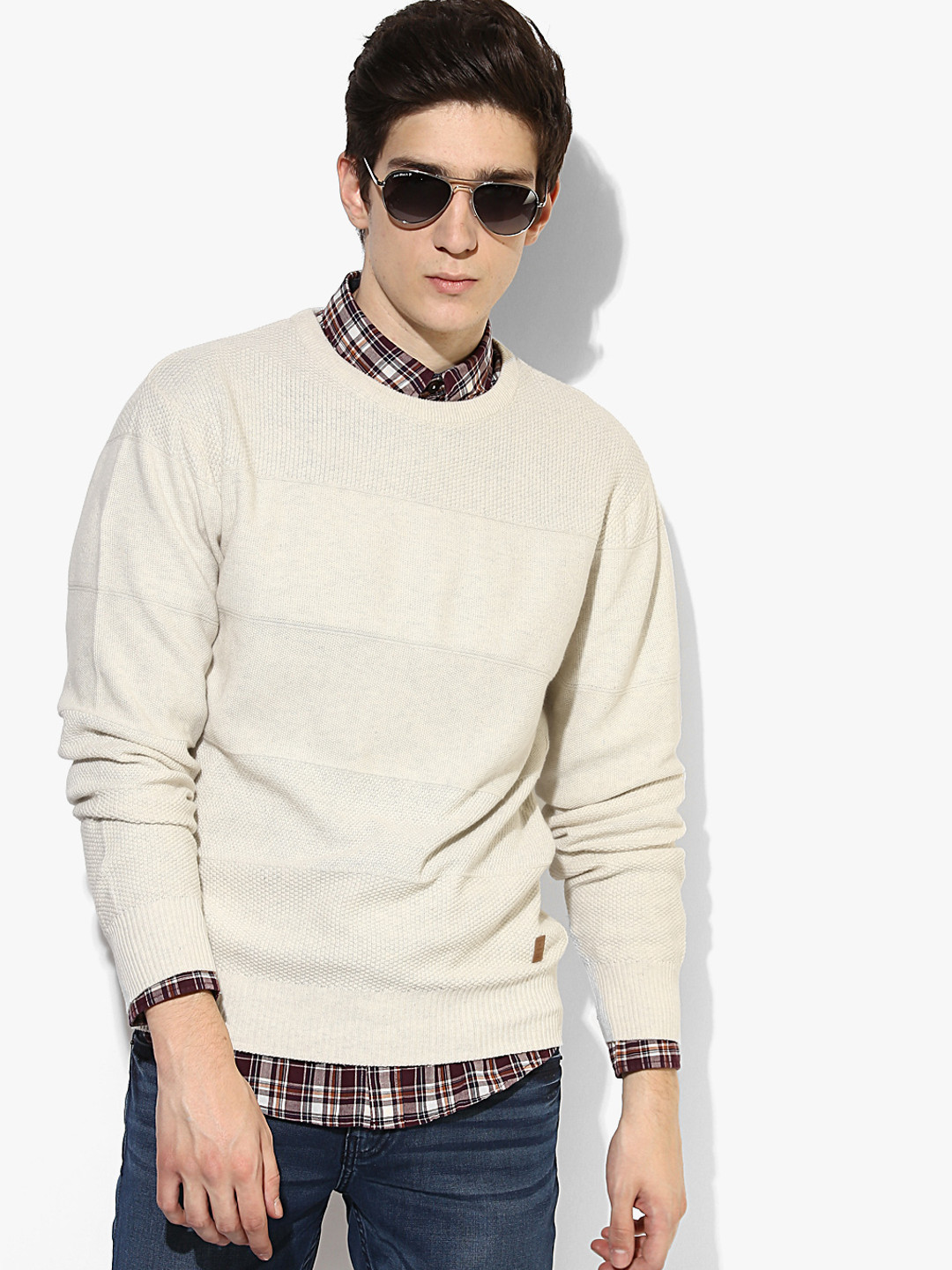 Buy Cream Textured Round Neck Sweater - Sweaters for Men 7901421 | Myntra
