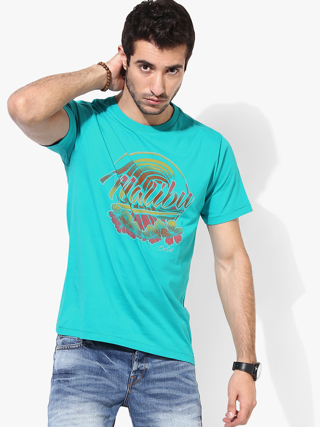 Buy Turquoise Printed Regular Fit Round Neck T Shirt - Tshirts for Men ...