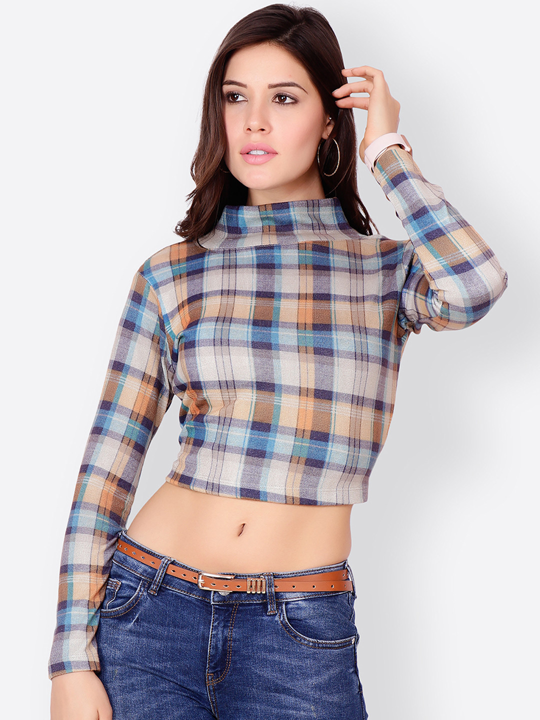 Buy SCORPIUS Women Multicoloured Checked Fitted Crop Top - Tops for ...