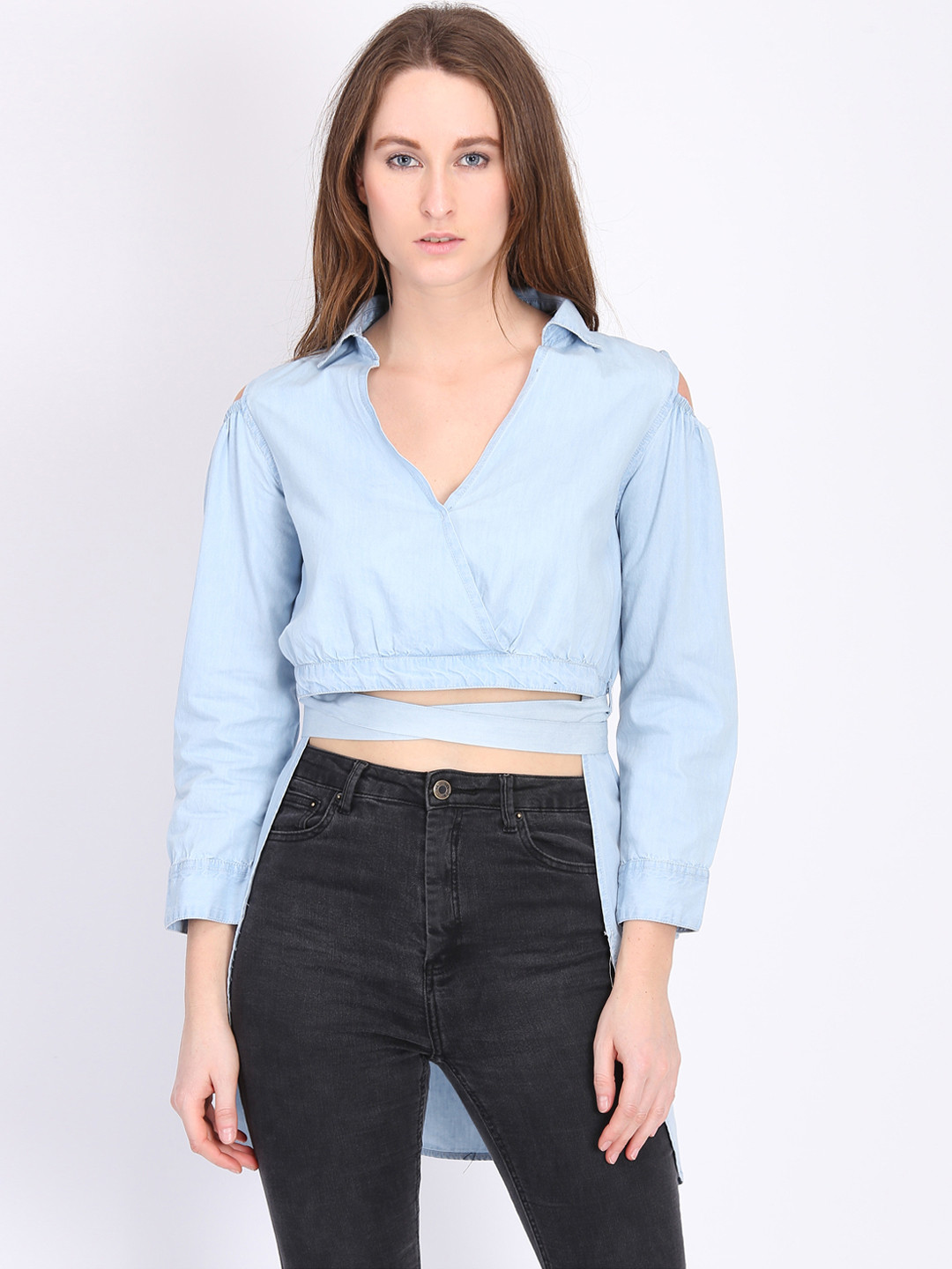 Buy LA LOFT Women Turquoise Blue Solid High Low Pure Cotton Top - Tops ...