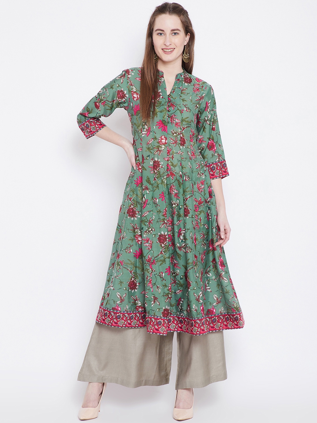 Buy One Of A Kind Women Green And Pink Printed Anarkali Kurta Kurtas