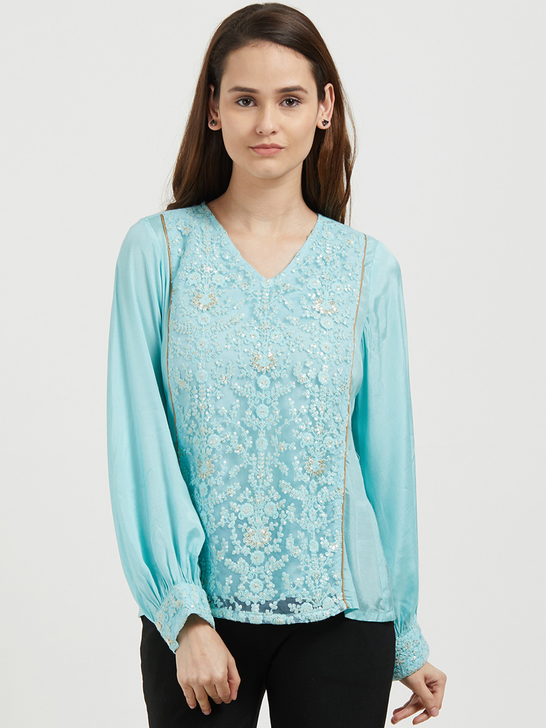 Buy Fusion Beats Women Blue Self Design A Line Top - Tops for Women ...