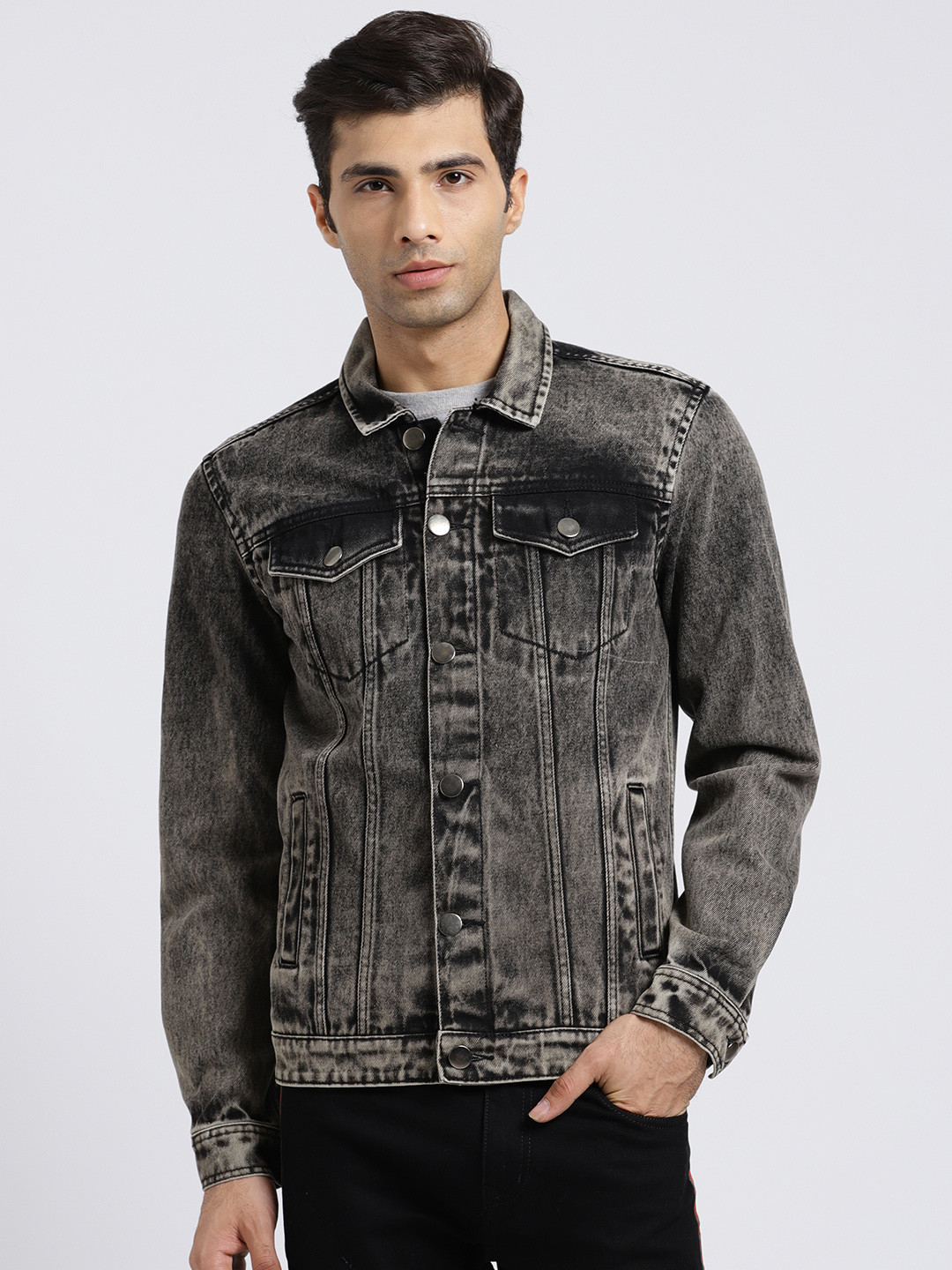 Buy REALM Men Grey Solid Denim Jacket - Jackets for Men 8073833 | Myntra