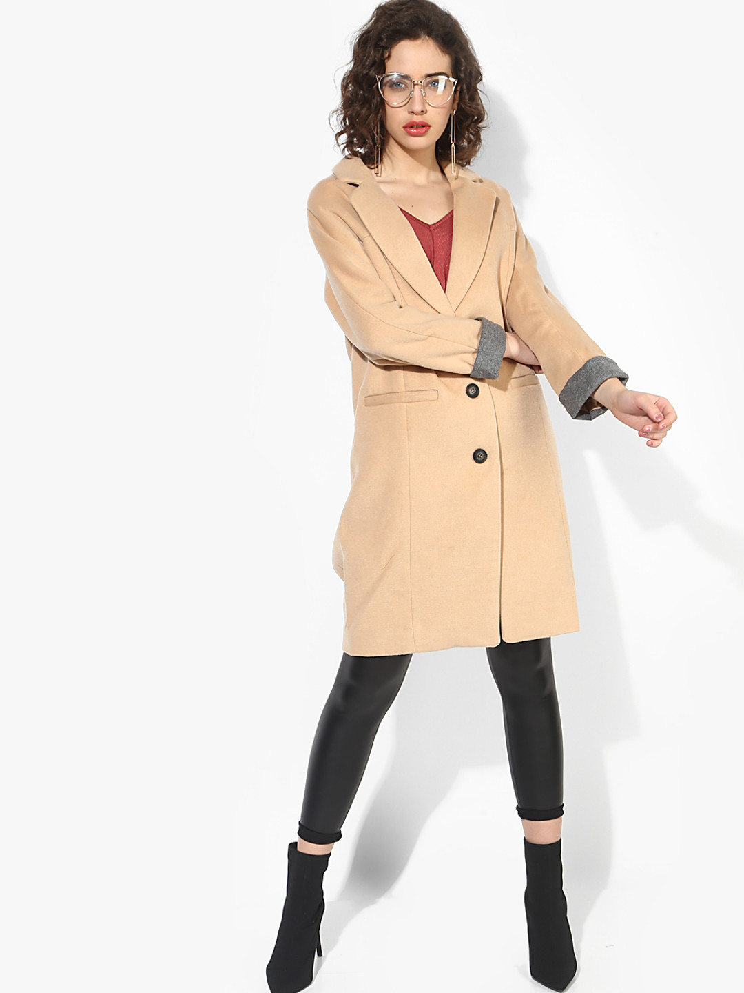 Buy Beige Solid Long Coat - Jackets for Women 7174139 | Myntra
