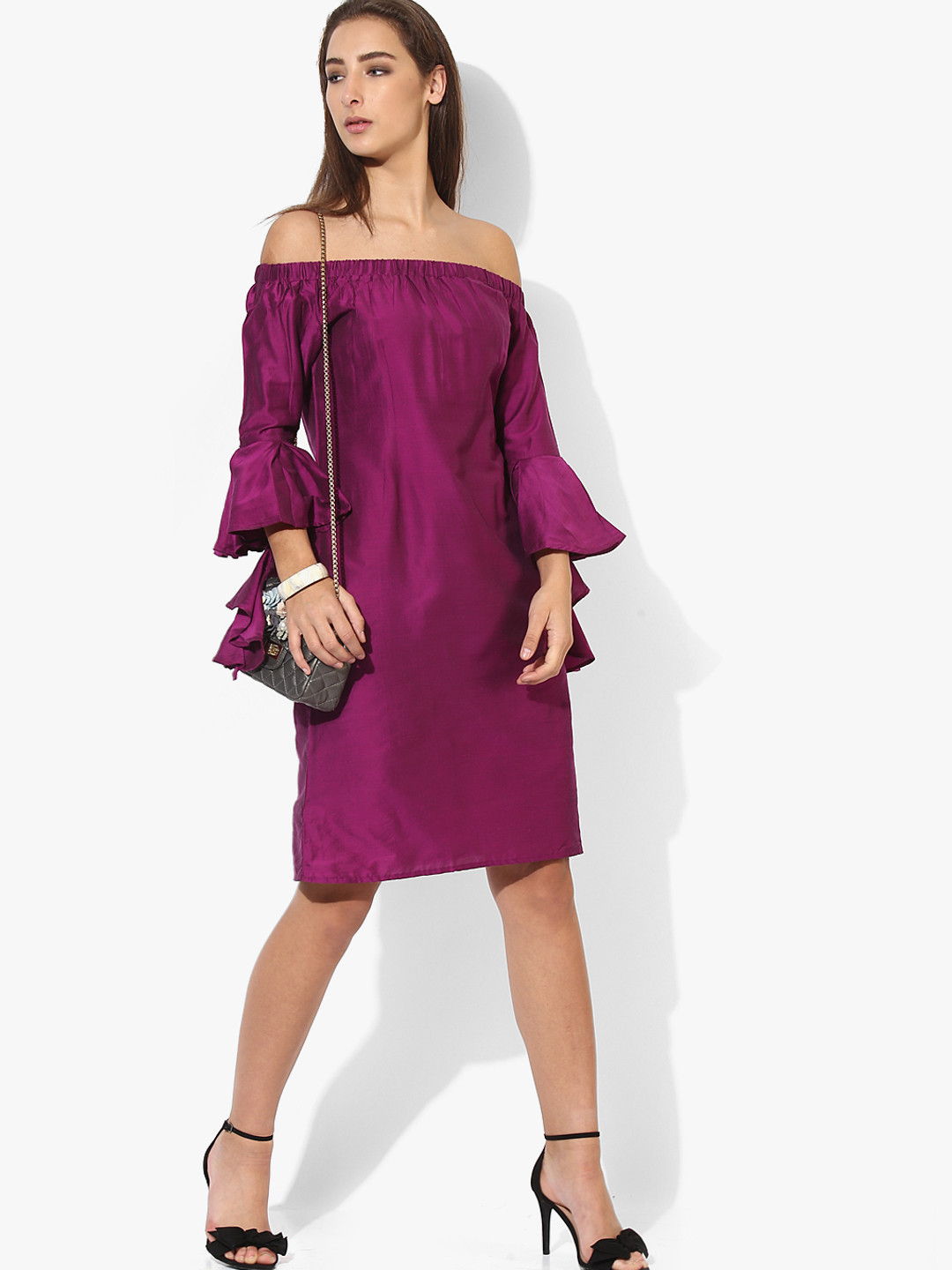 Buy Magenta Coloured Solid Off Shoulder Dress - Dresses for Women ...