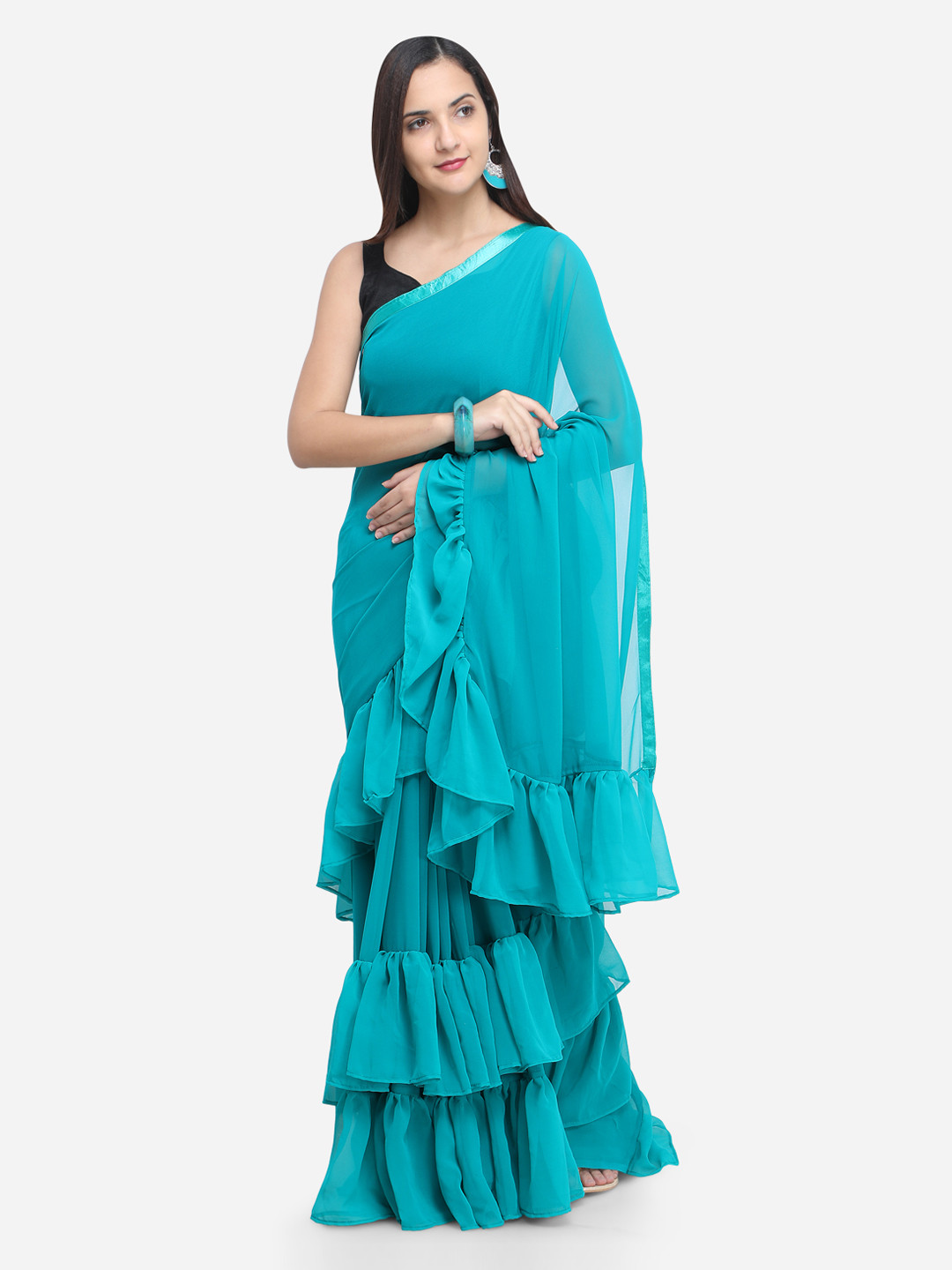 Buy Colors Turquoise Blue Solid Poly Georgette Saree - Sarees for Women ...