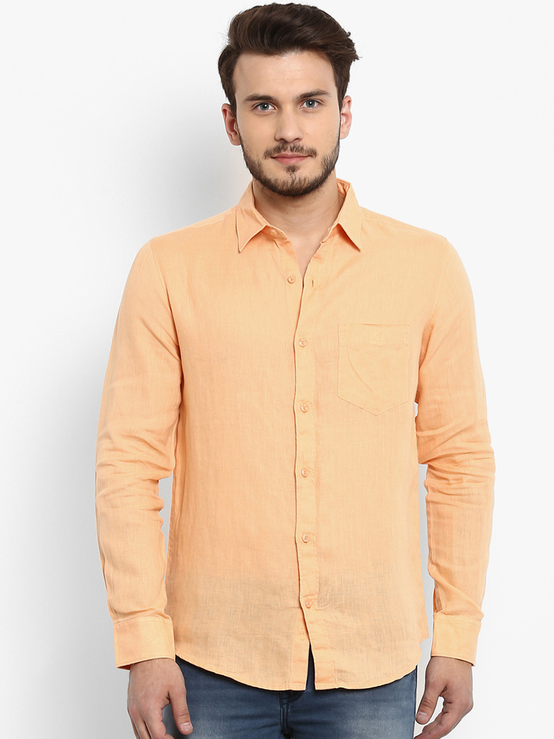 Buy Mufti Men Peach Coloured Slim Fit Solid Casual Linen Shirt - Shirts ...
