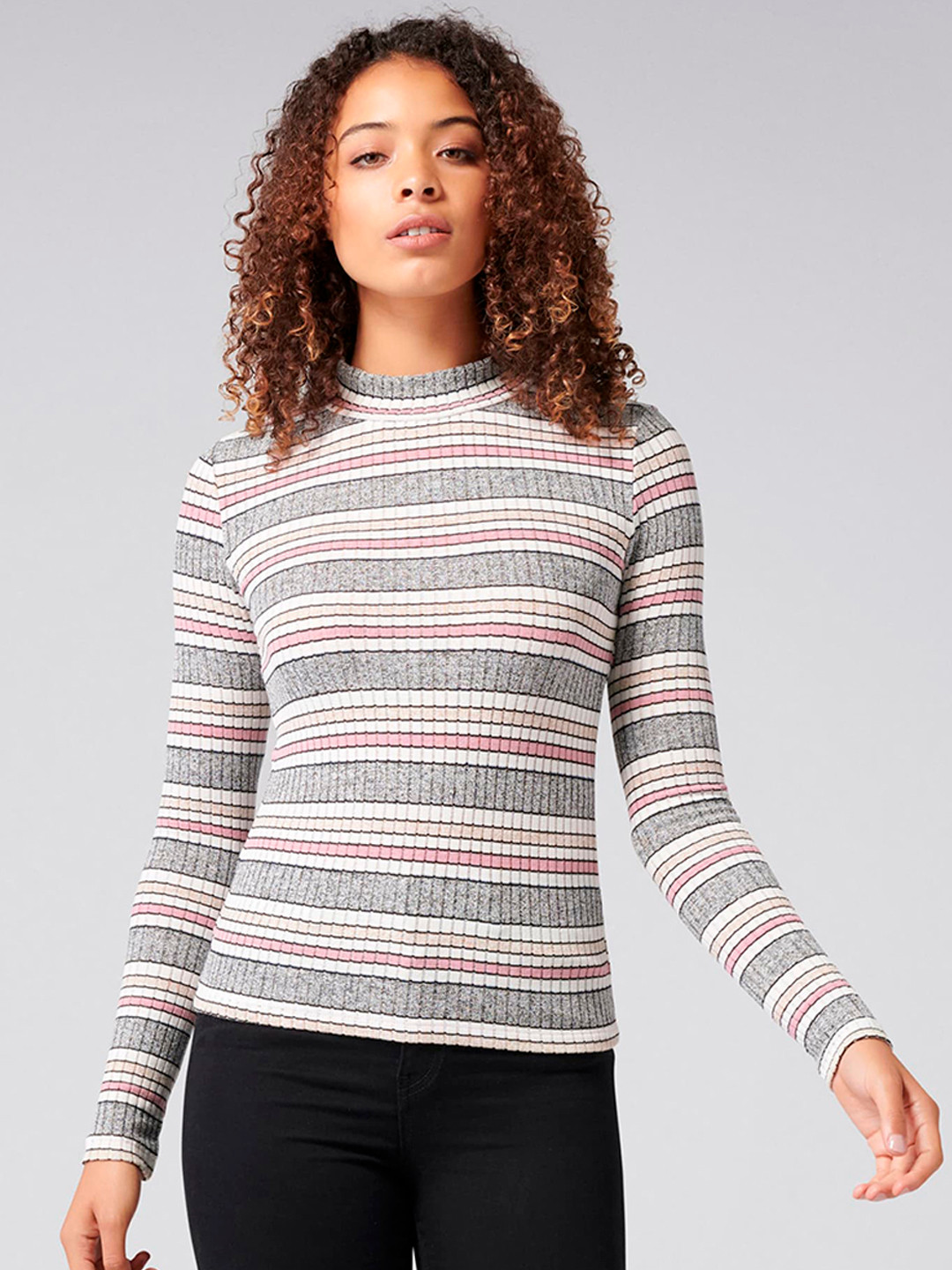 Buy Forever New Women Grey & Pink Striped Fitted Top - Tops for Women ...