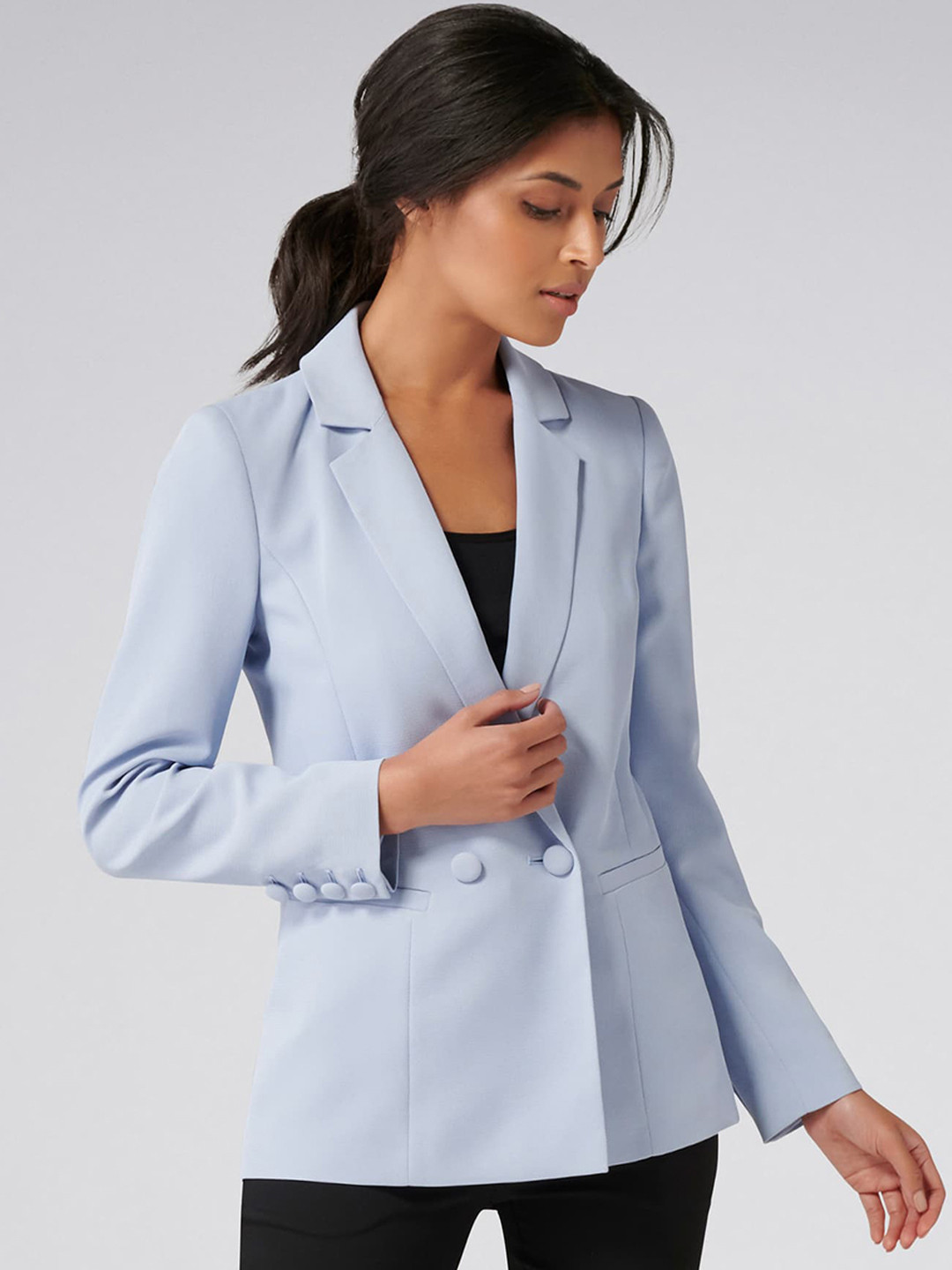 Buy Forever New Women Blue Single Breasted Solid Blazer - Blazers for ...